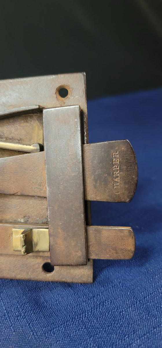 Vintage Harper Left Side Iron & Brass Lever Rim Lock & Knobs 4" x 3 3 ...