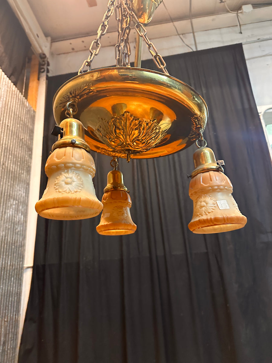 ART DECO BRASS TRIPLE-LIGHT PAN-STYLE HANGING FIXTURE (SHADES INCLUDED ...