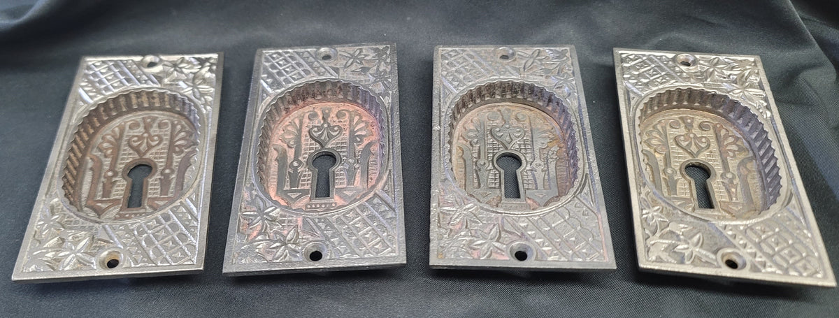 4 Restored Ornate Pocket Door Keyhole Escutcheon Plates 4" x 2 1/8" GS ...