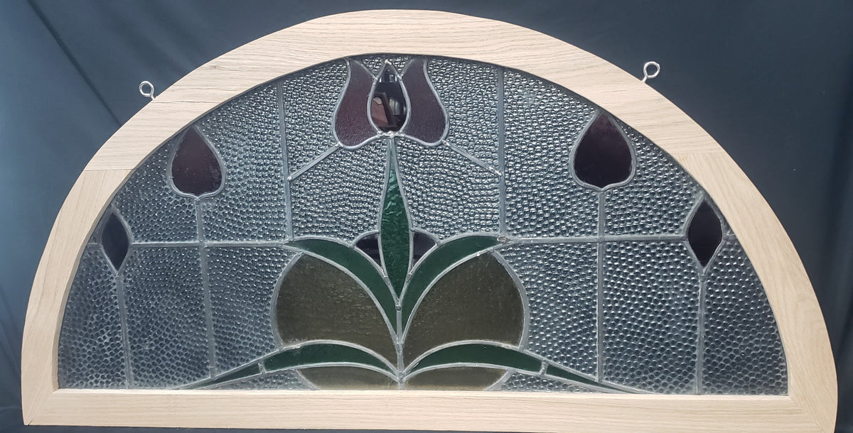 Half Moon Stained Glass Window with Red Tulips in Red Oak Frame #GA226 ...