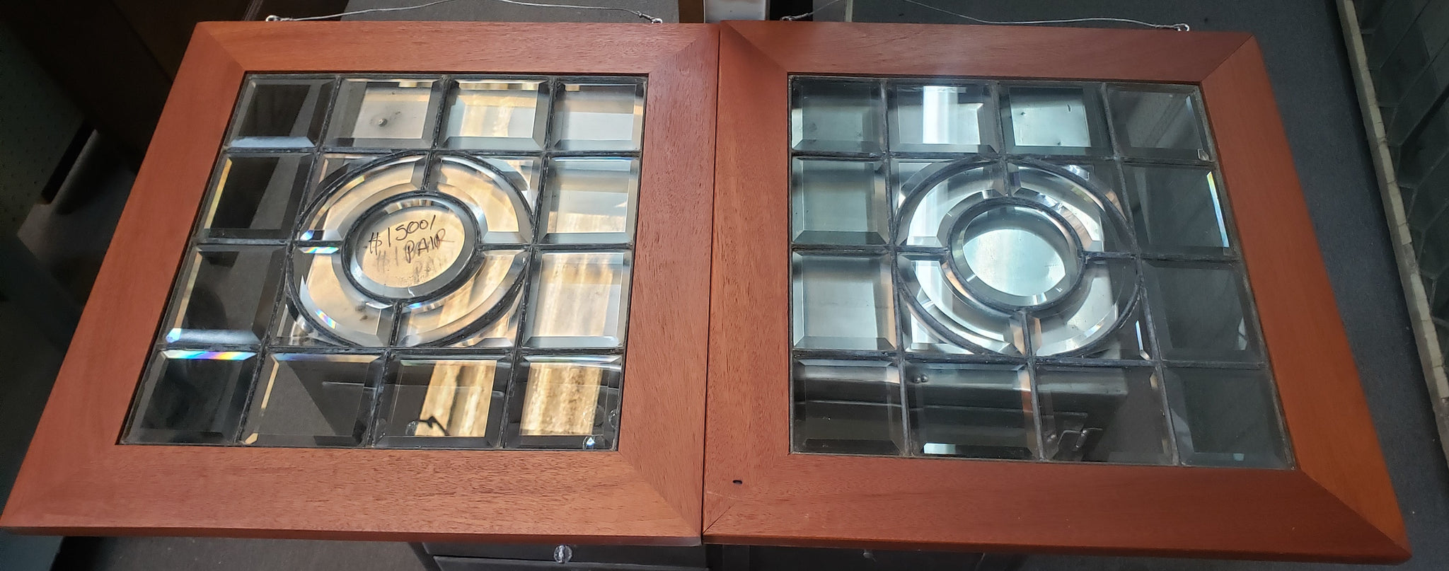 Pair of Beveled Leaded Glass Windows with Center Circle Design in Wood ...